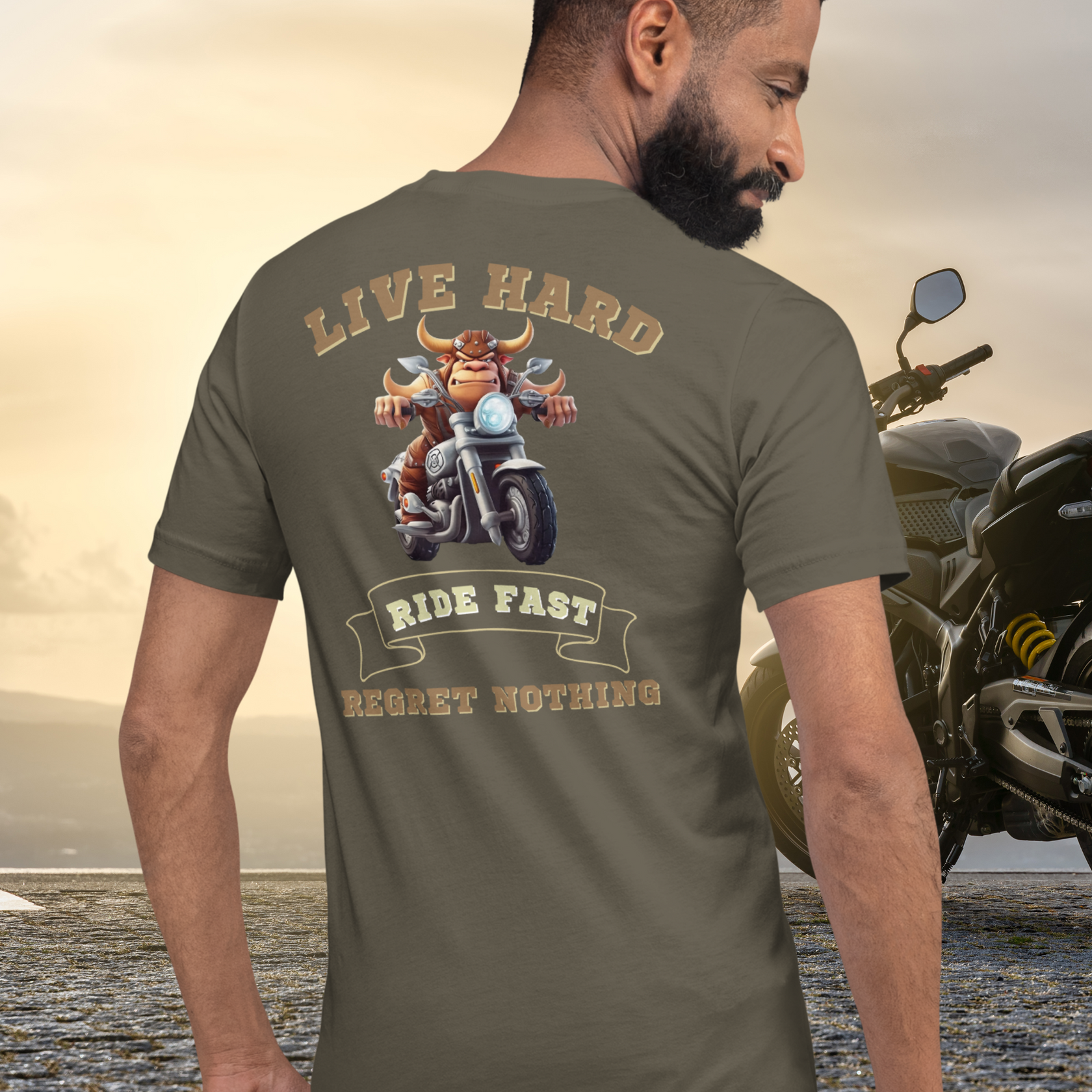 A Bull riding a motorcycle tee – backfortycowgirl.com